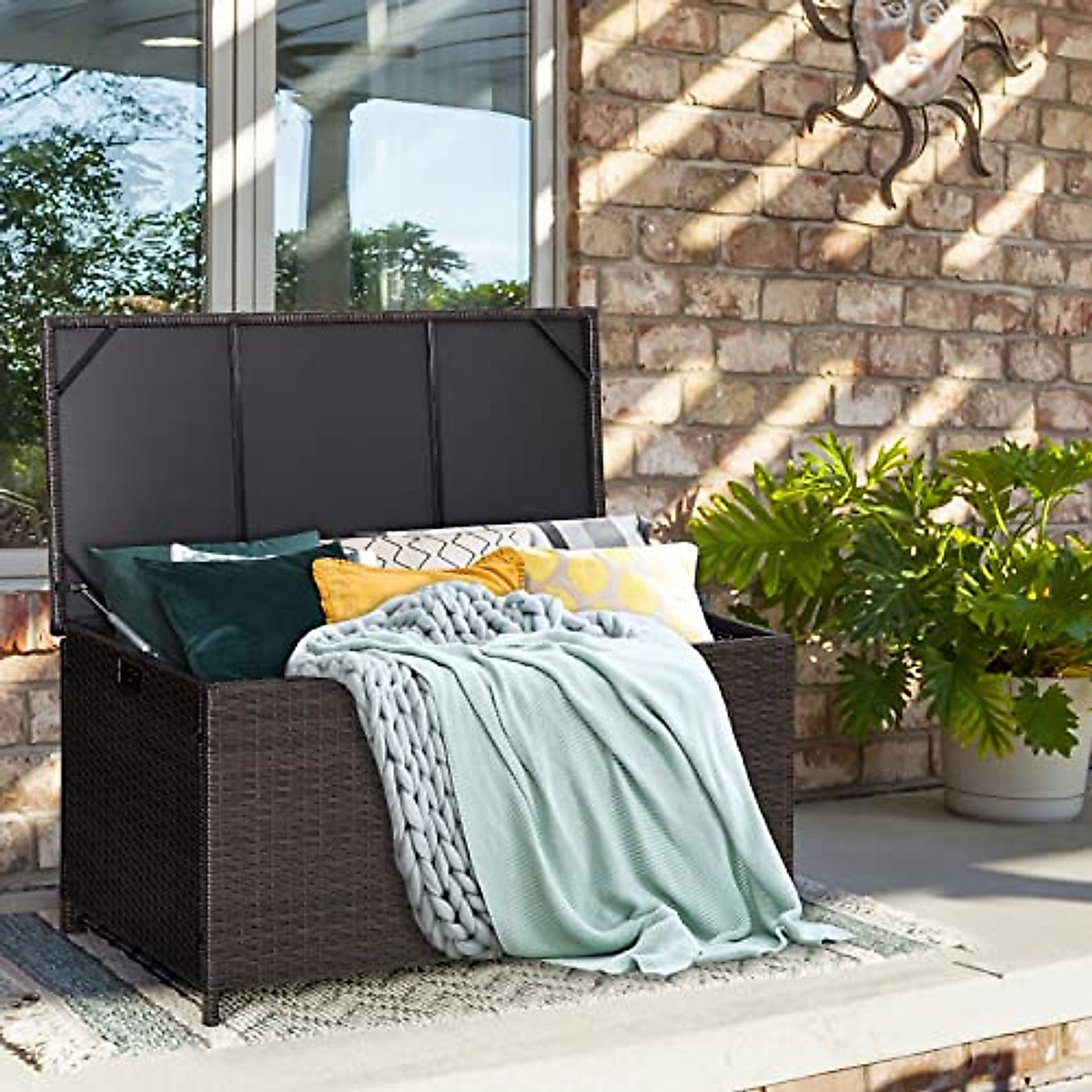 Tangkula 50 Gallon Wicker Deck Storage Box, Patio Rattan Storage Container with 2 Universal Wheels, Safety Pneumatic Rod, Zippered Liner, Sturdy Steel Frame, Ideal for Backyard, Poolside (Mix Brown)