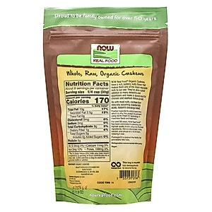 NOW Foods, Certified Organic Cashews, Whole, Raw and Unsalted, Rich Buttery Flavor, Source of Fiber, Protein and Iron, Certified Non-GMO, 10-Ounce (Packaging May Vary)