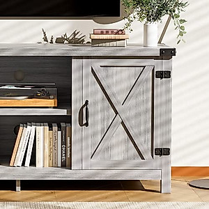JUMMICO Farmhouse TV Stand for 65 Inch TV, Mid Century Modern Television Stand Entertainment Center for Living Room Bedroom, TV Console Table with Double Barn Doors and Storage Cabinets (Grey)