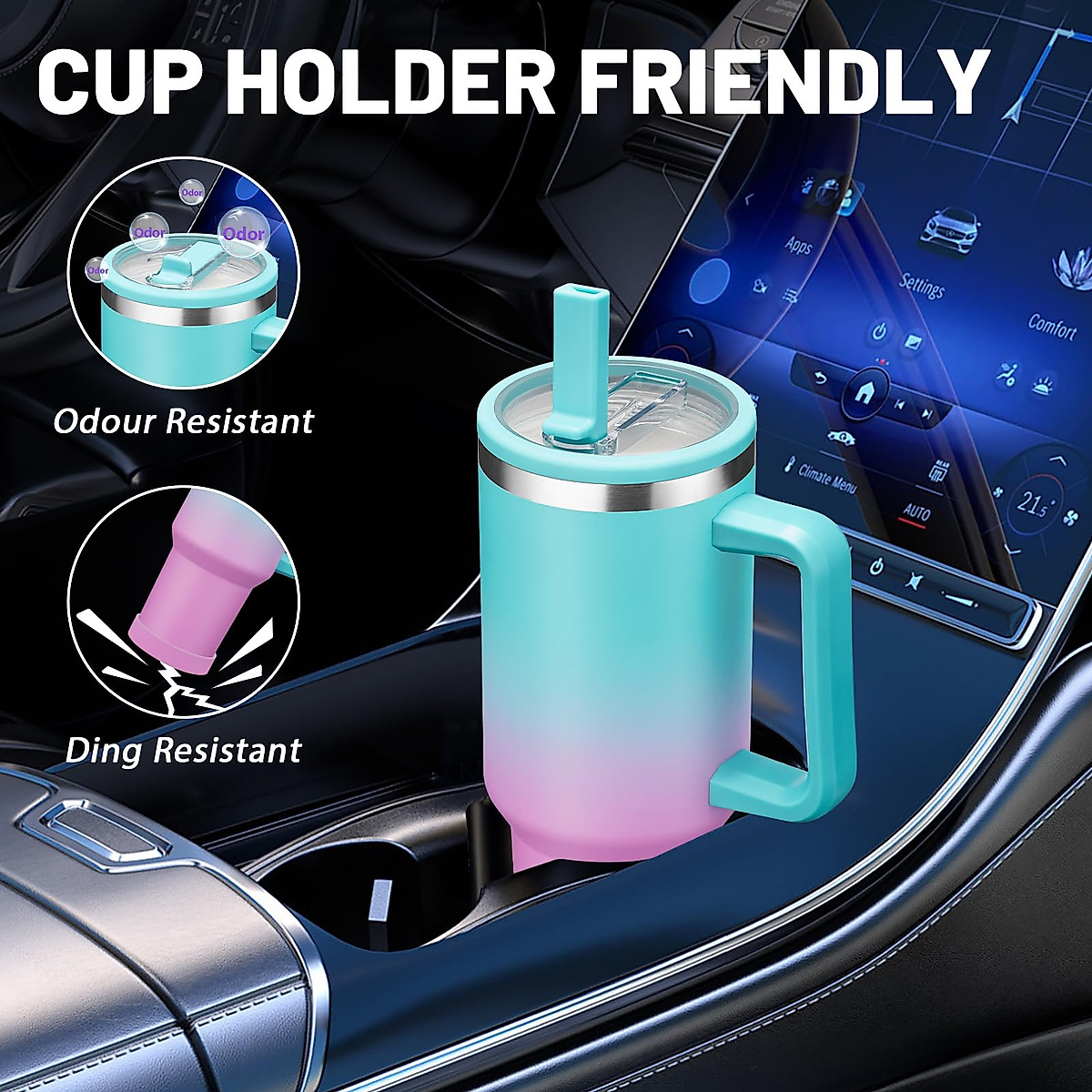 Travel Cups with Lid and Flip Straw - 40 oz Tumbler with Handle, Cold-34H & Hot-10H Insulated Coffee Mug, Metal Hydro Thermal Jug, Spill Proof Water Bottle Fits in Car Cup Holder