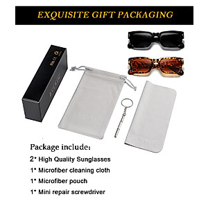 EYLRIM Square Frame Sunglasses for Women Men Trendy Chunky Rectangle Sun Glasses Black Shades UV400 Protection(2 Pack (Black/Grey+Leopard/Gradient Tea))