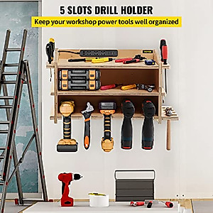VEVOR Power Tool Organizer, Wall Mounted Drill Holder, 5 Drill Hanging Slots Drill Charging Station, 2-Shelf Cordless Drill Storage, Polished Plywood Toolbox for Saw, Impact Wrench, Screwdriver Drill