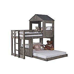 DONCO Kids Campsite Cabin Twin Over Full Loft Bed in Rustic Dirty Grey Finish