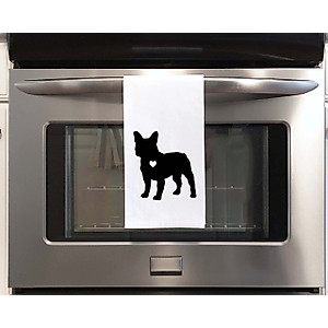 French Bulldog Silhouette Flour Sack Kitchen Towel with Hanging Loop - 100% Cotton - Funny Frenchie Bulldog Dish Cloth - Housewarming Hostess Birthday Christmas Mothers Day Gift Idea