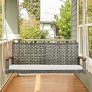 Tangkula 2-Person Outdoor Porch Swing with 118" Hanging Ropes, Patiojoy PE Wicker Patio Hanging Swing Bench with Soft Seat Cushion & 800 Lbs Weight Capacity, Suitable for Patio, Garden (Off White)