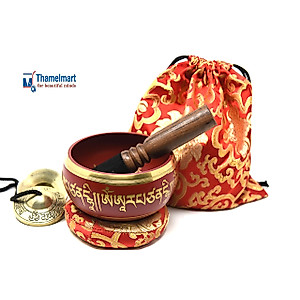 5" Tibetan Meditation Yoga Singing Bowl Set with free Om Tingsha cymbals,wooden Mallet Silk Cushion and Carry bag from Nepal, Singing bowls.