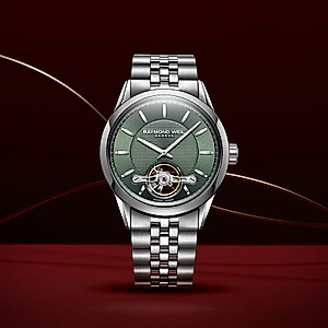 RAYMOND WEIL Freelancer Men's Automatic Watch, Calibre RW1212, Visible Balance Wheel, Green Dial with Indexes, Stainless Steel Bracelet, 42.5 mm (Model: 2780-ST-52001)