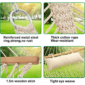 Y- STOP Hammocks, Traditional Cotton Rope Hammock with Chains and Hooks for Outdoor, Indoor, Patio Yard, Double Solid Wood, for Two Person, Max 440 Lbs (Natural)