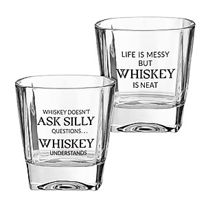 Lillian Rose Set of 2 Whiskey Low Ball Glasses with Funny Sayings, Black