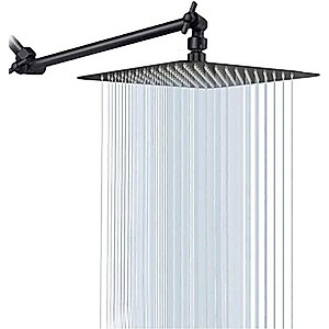 Rain Shower Head with 11’’ Adjustable Extension Arm, Large Stainless Steel High Flow Rainfall Square Shower head, Bath Shower Waterfall Full Body Coverage (12 Inch Showerhead with Arm, Matte Black)