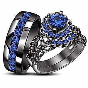 Ritika Created Round Cut Blue Sapphire in 925 Sterling Silver 14K Black Gold Over Diamond Wedding Band Trio Ring Set for Him & Her