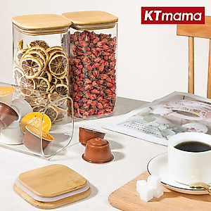 KTMAMA Airtight Glass Storage Canister with Lid (50oz), Clear Food Storage Container Jar with Sealing Bamboo Lid for Noodles Flour Cereal Rice Sugar Tea Coffee Beans, Square Set of 3