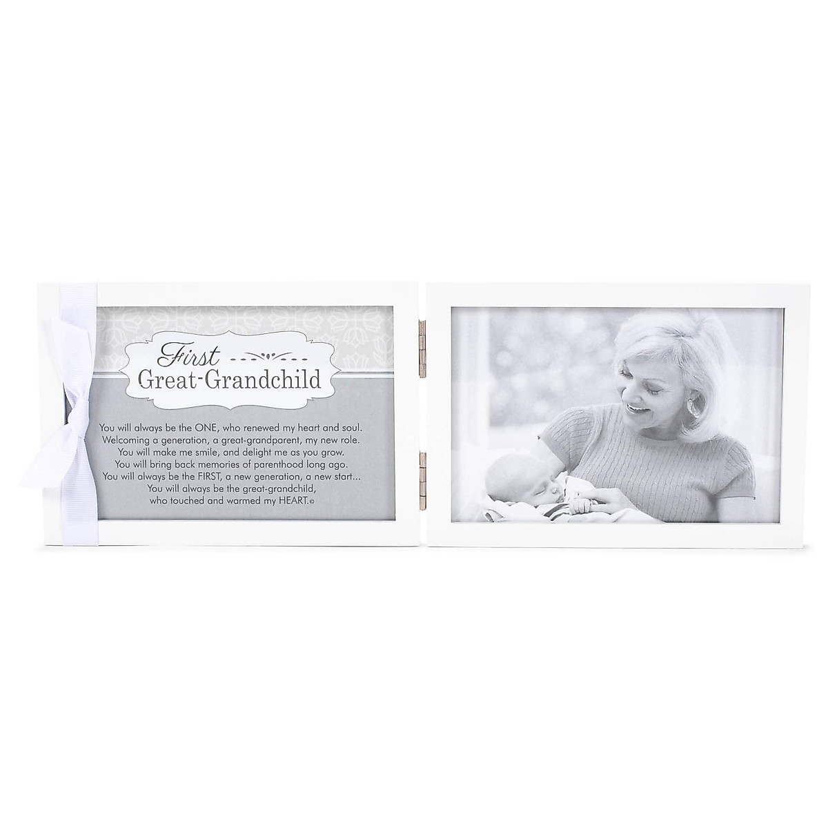 The Grandparent Gift Co. First Great - Grandchild Picture Frame- White Double Hinged Tabletop Photo Frame Holds 4"x6" Pictures or Ultrasounds- Includes Beautiful Sentiment/Poem
