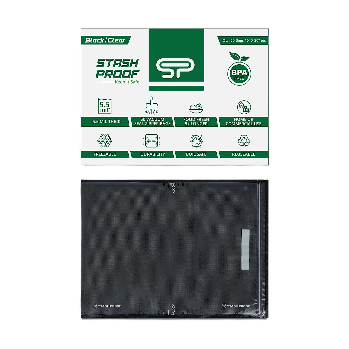 Stash Proof Resealable Zipper Vacuum Seal Bags 15" x 20" (50 Count) 5.5 Mil (Black and Clear) - BPA Free Commerical Grade Food Saver for Storage, Sous Vide, and Meal Prep Sealer Bag