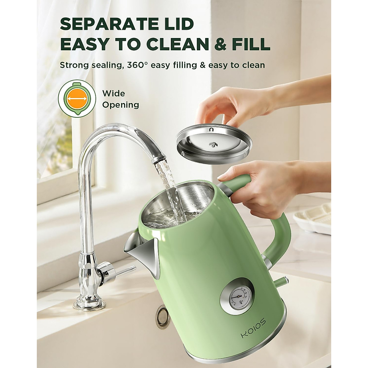 Electric Kettle, 1.8 L Hot Water Boiler Heater with Thermometer, 1500W Retro Electric Tea and Water Kettle with LED Indicator, 100% Stainless Steel, Auto Shut-Off & Boil-Dry Protection, Retro Green