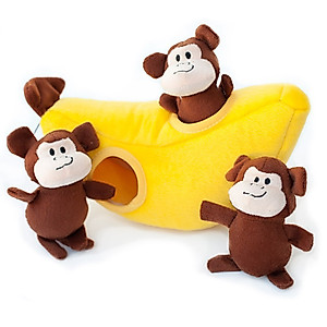 ZippyPaws Burrow, Zoo Friends Monkey 'n Banana - Interactive Dog Toys for Boredom - Hide and Seek Dog Toys, Colorful Squeaky Dog Toys for Small & Medium Dogs, Plush Dog Puzzles