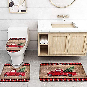 4 Pcs Shower Curtain Sets with Non-Slip Rugs, Toilet Lid Cover, Bath Mat Merry Christmas Red Truck Pull Xmas Tree on Retro Wooden Board Bathroom Decor Waterproof Shower Curtain with 12 Hooks