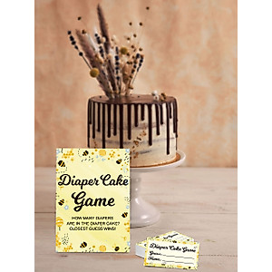 Baby Shower Game Set, Diaper Cake Games(1 Standing Sign + 50 Guessing Cards), Bumble Bee Guess How Many Diapers Party Game, Honey Honeycomb Gender Reveal Party Favor Decor(A05)