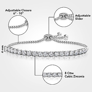 Devin Rose 8 Cttw Cubic Zirconia Adjustable Bolo Bracelet for Women in Rhodium Plated Brass 4mm White