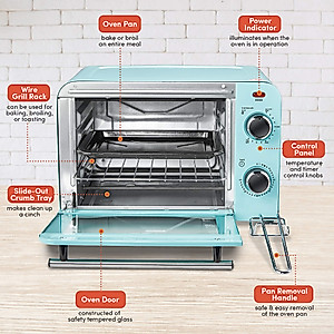 Elite Gourmet Americana ETO1200BL Vintage Diner 50’s Retro Countertop Toaster Oven, 1300W, Bake, Broil, Toast, with Temperature Control & Adjustable 60-Minute Timer, Fits 9” Pizza, 4 Slice,