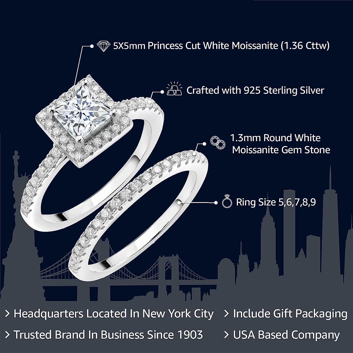 Gem Stone King 925 Sterling Silver White Moissanite Engagement Wedding Engagement Ring Band Bridal Set For Women (1.36 Cttw, Gemstone, Princess 5MM, Size 7)