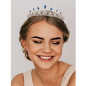 SWEETV Cubic Zirconia Wedding Tiara for Bride & Flower Girls - Princess Tiara Headband Bridal Crown, Bridal Hair Accessories for Women, Royal Blue