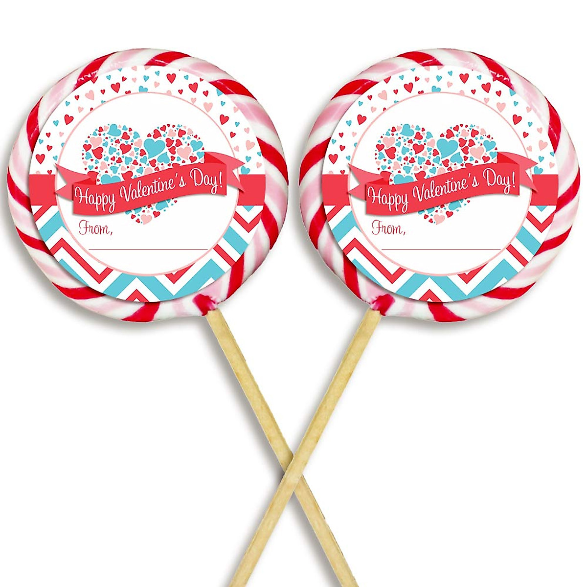 Red and Blue Heart-Themed Valentine Party Favor Sticker Labels, 40 2" Party Circle Stickers by AmandaCreation, Great for Classroom Valentines, Envelope Seals, Gifts & Treats