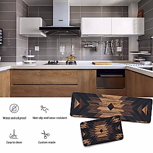 Midetoy Kitchen Rugs and Mats Set Urban Tribal Aztec Wood Anti Fatigue Kitchen Rug Non Slip Floor Rugs Indoor Outdoor 17"X48"+17"X24"