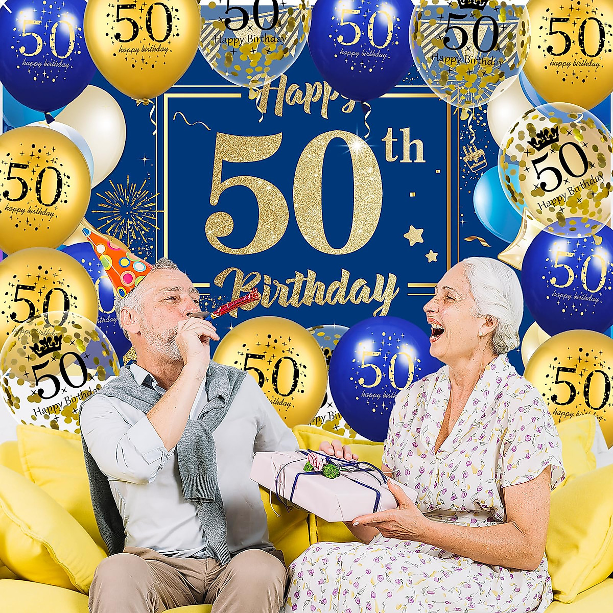 105Pcs Blue Gold 50th Birthday Decorations for Men Includes Navy Blue Happy 50th Birthday Banner 50th Birthday Balloons Gold Foil Fringe Curtains Tableware Set for 50th Birthday Party Supplies