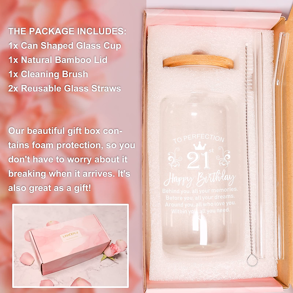 21st Birthday Gifts for Her, Happy 21st Birthday Decorations for Her, Funny 21 Year Old Birthday Gift Ideas for Her, Friends, Sister, Daughter - 16 Oz Can Shaped Glass Cups with Lids and Straws