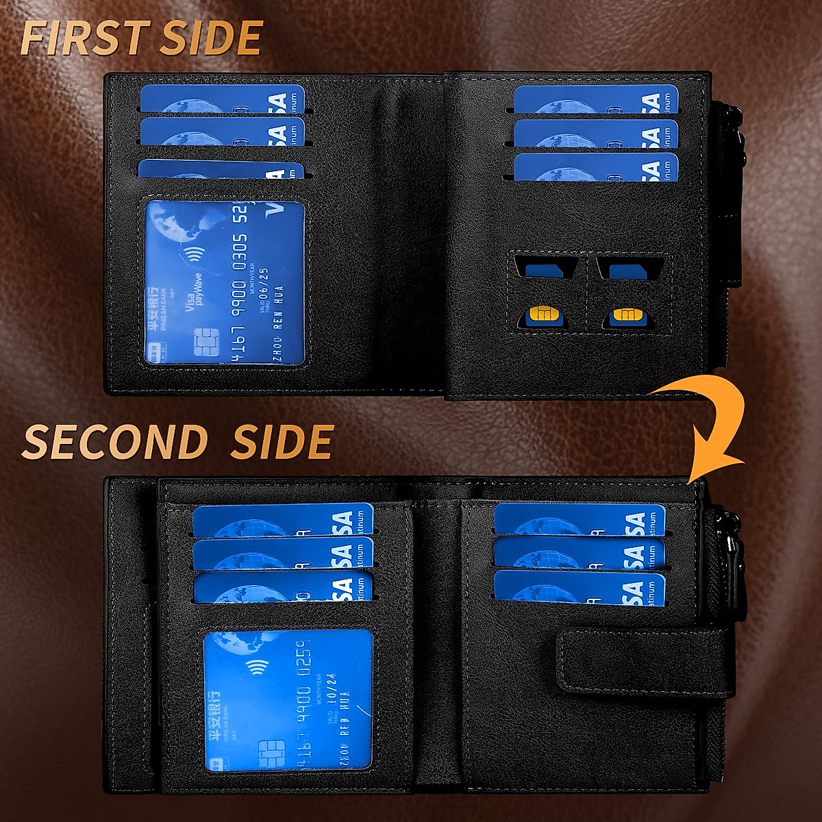 Credit Card Bifold Leather Wallet-With Front Pocket Id Window Men Women Mens Womens Ladies Woman Small Coin Pocket Rfid Blocking Black Multi Id Card Zipper Holder Wallets Female Teen Girl Coin Purse