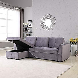 Legend Furniture Velvet Chaise Storage Reversible Sofa Bed Sleeper Sectional, 91", Grey