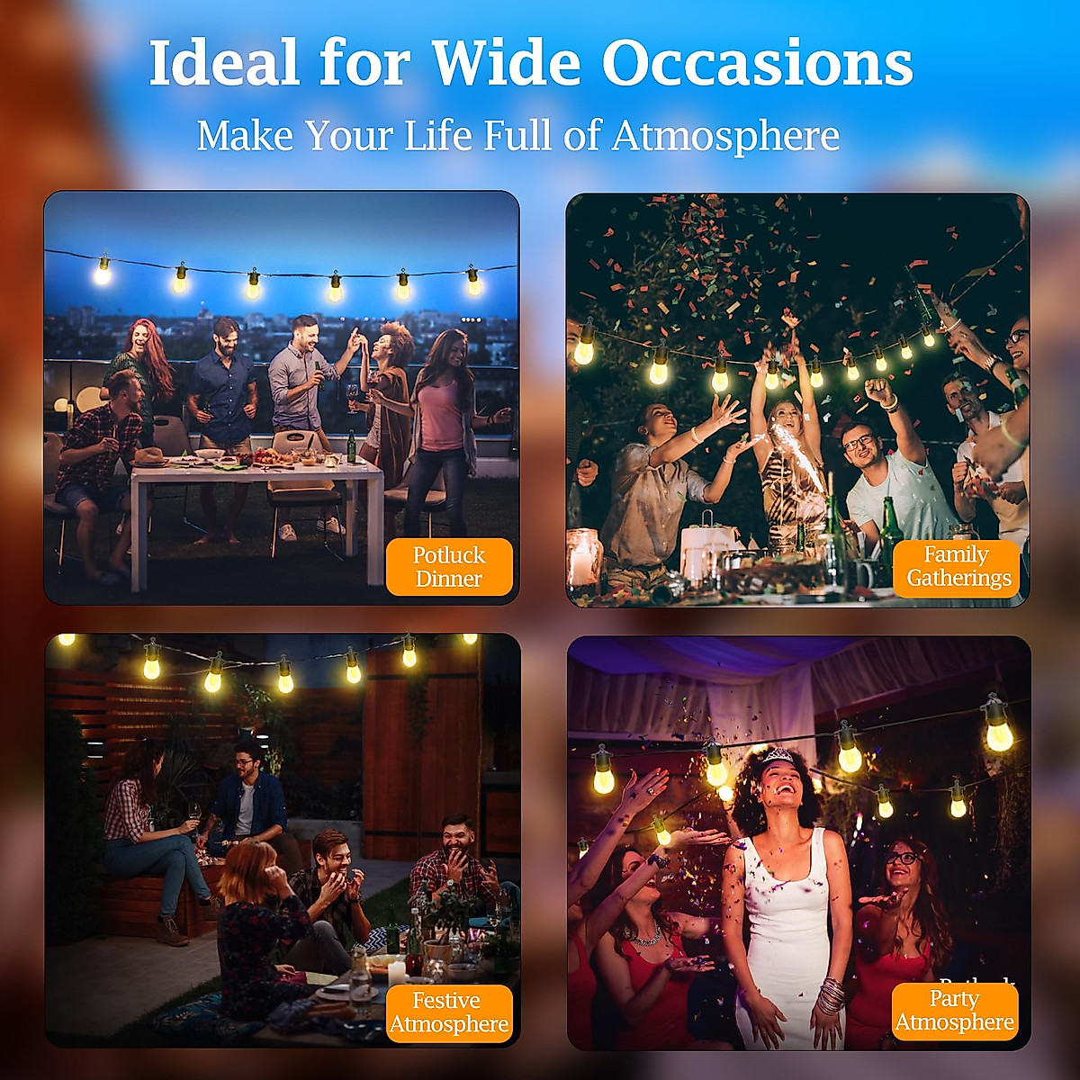 CIIC Solar Outdoor String Lights, 46FT LED Patio Lights Powered for Outside IP65 Waterproof, Hanging with 8 Modes 16+2 Shatterproof Bulbs Hallowmas Party-3000K Warm White (TYNDC-001)