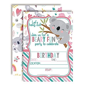 Let's Hang Out Cute Koala Bear Themed Birthday Party Invitations for Kids, 20 5x7 Fill In Cards with Twenty White Envelopes by AmandaCreation