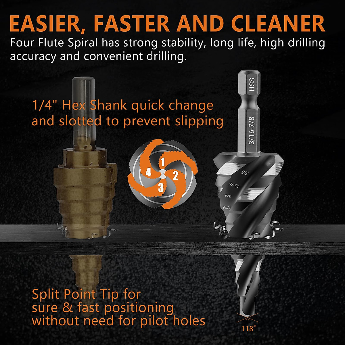 MABLEVI 5 Pcs Four Spiral Flute Step Drill Bit Set, 1/8"-1-3/8" HSS Unibit Step Drill Bit, 1/4" and 3/8" Shank Step Bit for Metal, Stainless Steel, Aluminum, Wood, Plastic