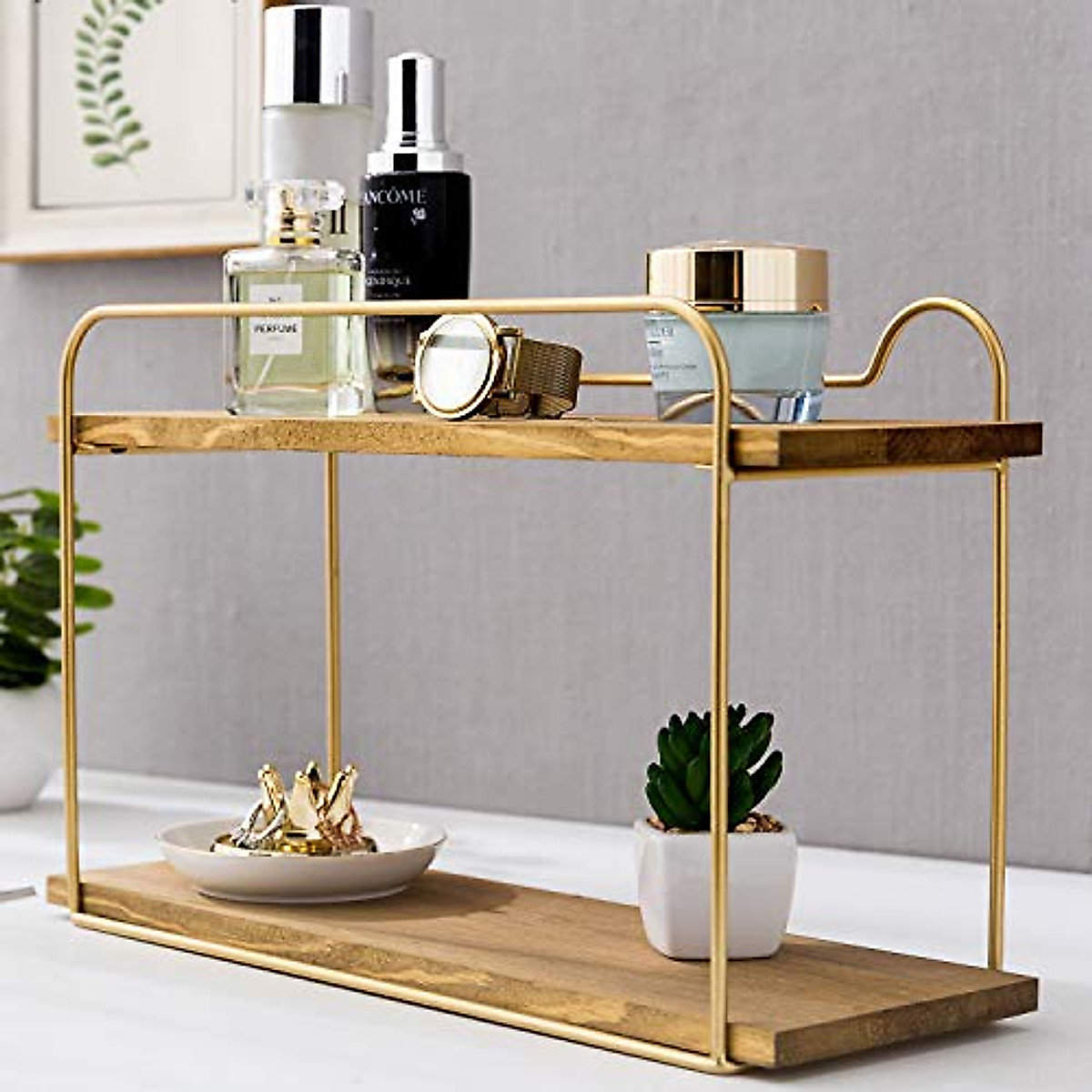 MyGift Modern 2-Tier Floating Wall Shelf, Natural Brown Wood Bathroom Shelves with Vintage Brass Metal Frame