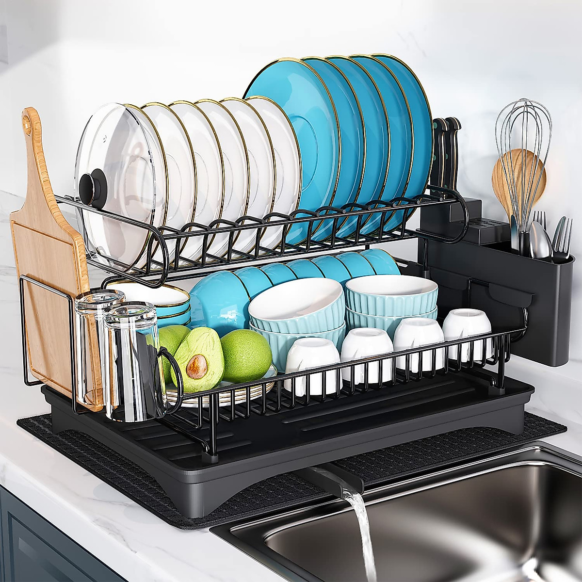BOOSINY Dish Drying Rack for Kitchen Counter, 2 Tier Large Dish Drainer with Drainboard Set, Cutlery Holder, Cutting Board Holder and Extra Dryer Mat (Black - 304 Stainless Steel)