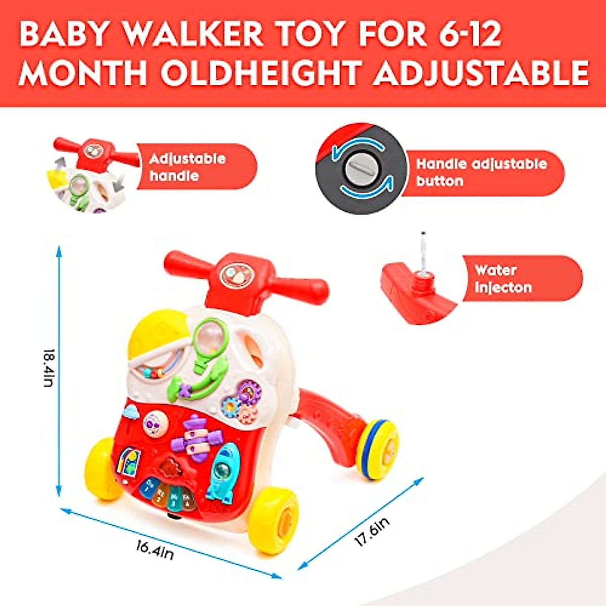 Baby Walker Sit-to-Stand Learning Walker Kids Activity Center Entertainment Table Lights & Sounds & Music & Rotating Gear & Rocket Rattle & Steering Wheel Educational Push Toy for Babies Toddlers(Red)