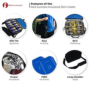 Red Suricata Insulated Slim Cooler – Ultra Thin, Flat Mini Small Cooler Lunch Bag Fits 10 Drink Cans - 2 Slim Reusable Ice Packs Included - Small Iceless Golf Cart Bag for Beer (Black)