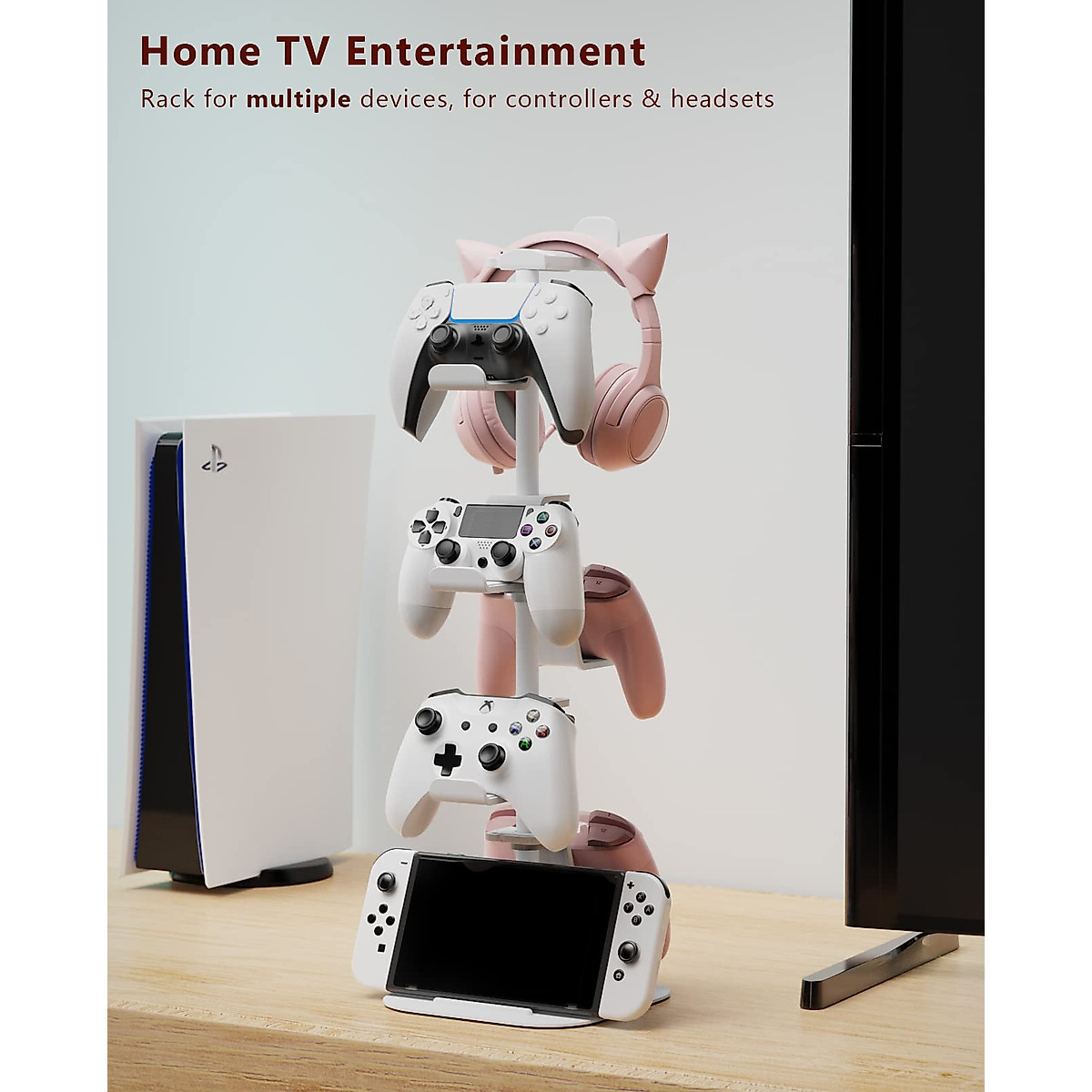 MiiKARE Controller Holder 6 Tiers with Headphone Holder, Adjustable Gaming Controller Headset Stand, Game Controller Stand for All Xbox PS4 PS5 Switch Pro Crontroller Gaming Accessories - White