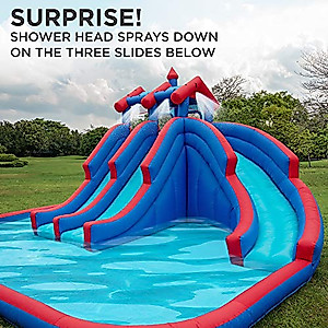 SUNNY & FUN Mega Sport Inflatable Water Triple Slide Park – Heavy-Duty for Outdoor Fun - Climbing Wall, 3 Slides & Splash Pool – Easy to Set Up & Inflate with Included Air Pump & Carrying Case