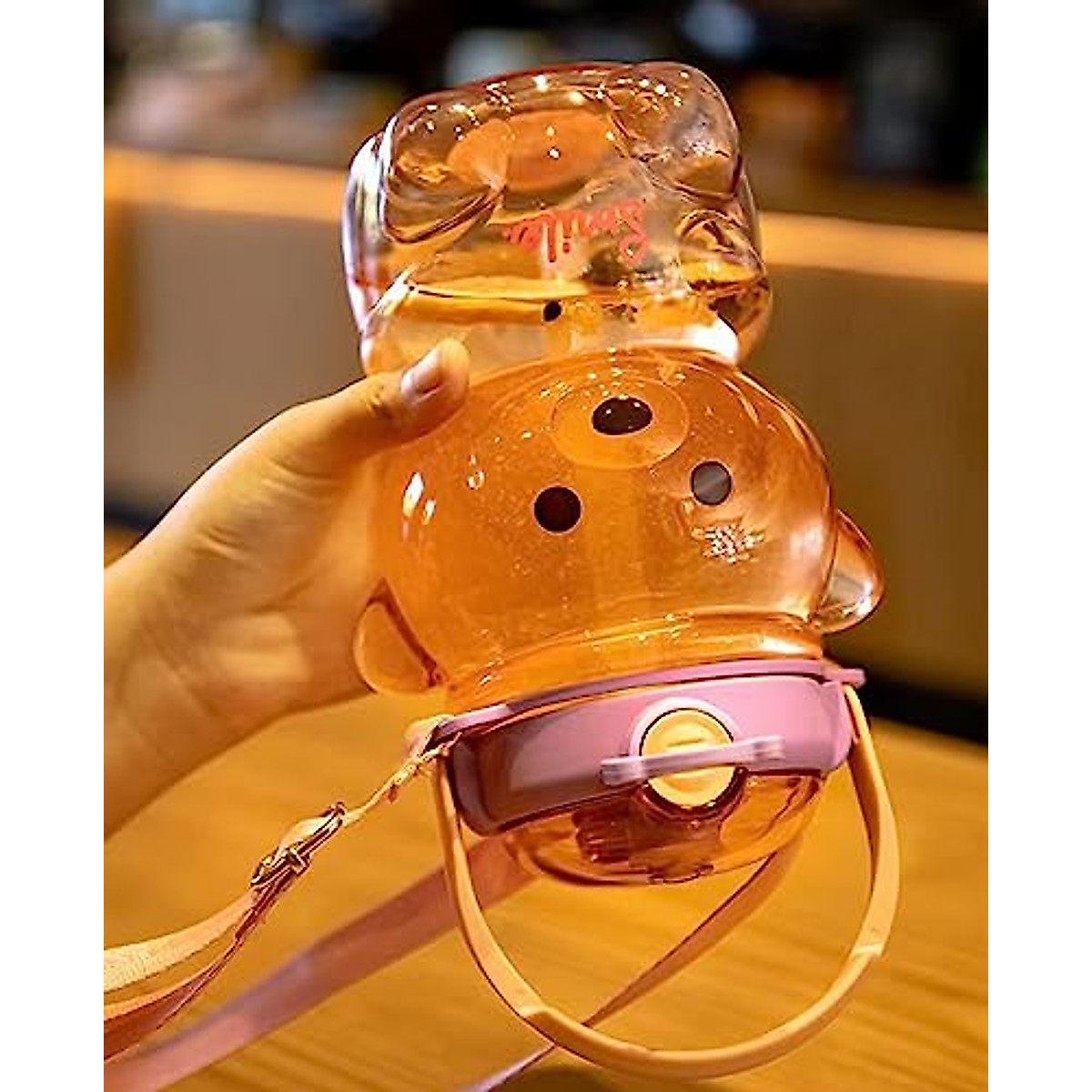 JRIQH Kawaii Bear Straw Bottle,Leak-Proof Water Bottle with Adjustable & Removable Shoulder Strap for Boy and Girls (pink)