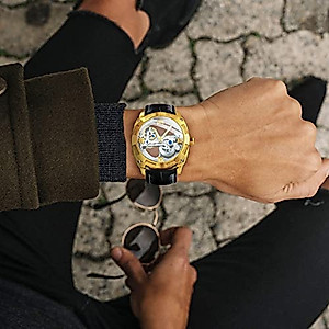 Caluxe Automatic Mechanical Tourbillon Golden Watch, 3 Leather Straps Combo Gift Set(Black & Brown Genuine Leather Strap+ Sports Rubber)