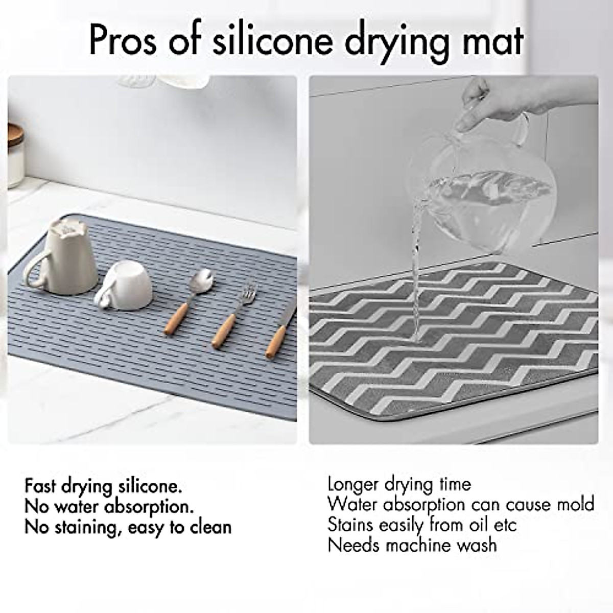 Homewizer Extra Large, 23” x 18” Silicone Dish Drying Mat for Kitchen Counter, Heat Resistant, Non-Slip Design, Quick Dry, Easy Clean, Raised Edge Holds Water, BPA Free, Food Grade Silicone- Gray