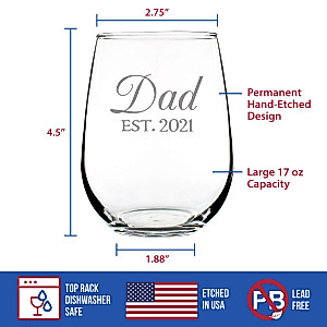 Dad Est 2021 - New Father Stemless Wine Glass Gift for First Time Parents - Decorative 17 Oz Large Glasses