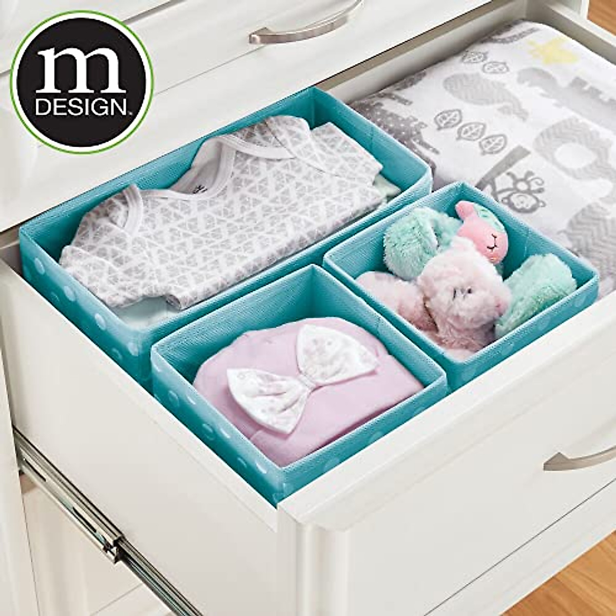 mDesign Soft Fabric Polka Dot Dresser Drawer and Closet Storage Organizer, Bin for Child/Kids Room, Nursery, Playroom, Bedroom, 12 Pack - Turquoise Blue/White