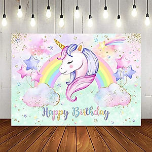 Avezano Unicorn Birthday Backdrop Pastel Rainbow Cloud Glitter Stars Unicorn Birthday Decorations Girls Unicorn Birthday Party Banner Decorations (7x5)