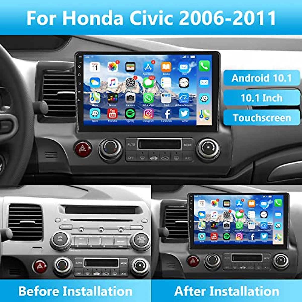 Android Car Stereo for Honda Civic 2006 2007 2008 2009 2010 2011 with WiFi GPS Navigation 10.1" HD Touchscreen Autoradio Support Mirror Link Backup Camera Microphone SWC