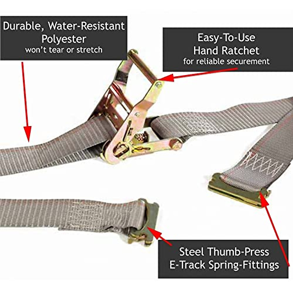 10 E Track Ratchet Tie-Down Cargo Straps, 2" x 16' Durable Ratcheting Strap Cargo TieDowns, Heavy Duty Grey Polyester Tie-Downs, ETrack Spring Fittings