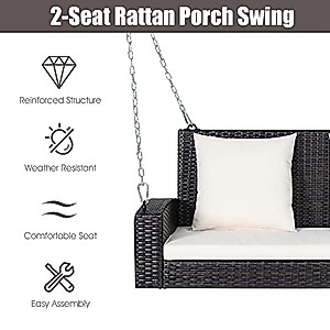 Tangkula 2-Person Wicker Hanging Porch Swing, Patiojoy Outdoor Rattan Swing Bench W/ 2 Back Cushions & 1 Seat Cushion, Sturdy Steel Chain, 800lbs Weight Capacity, Suitable for Deck, Backyard, Garden